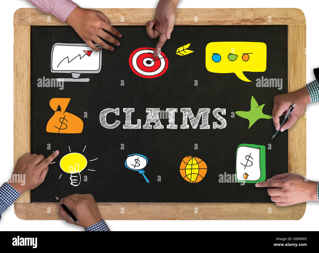 CLAIMS CONCEPT vintage blackboard with wooden frame on white background ...