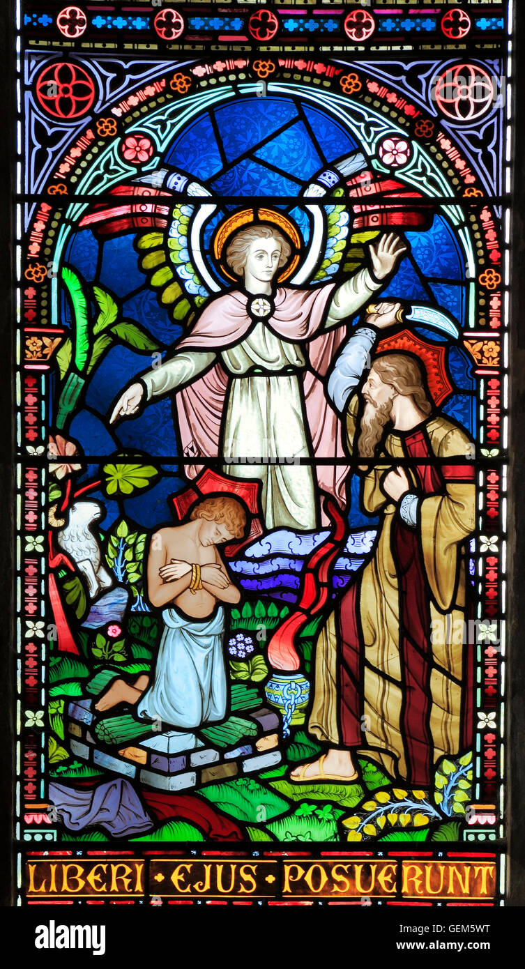Abraham, son Isaac, Angel, ram, Old Hunstanton, detail of stained glass ...