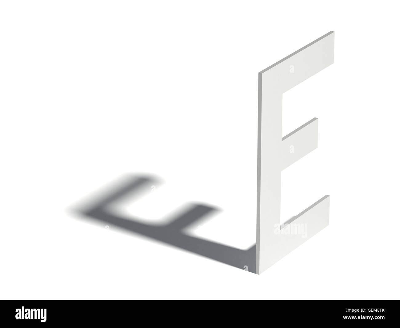 Drop shadow font. Letter E. 3D render illustration isolated on white ...