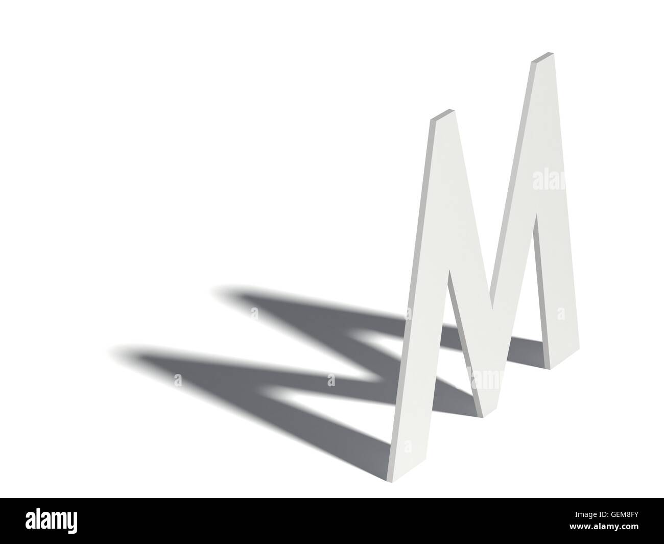 Drop shadow font. Letter M. 3D render illustration isolated on white ...
