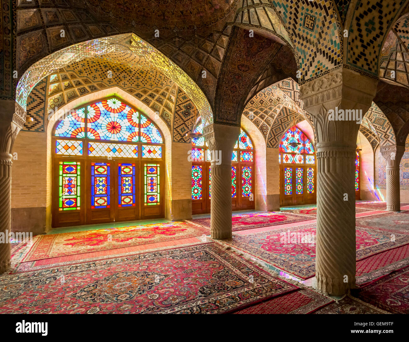 The beautiful Prayer Hall of Nasir Al Molk Mosque with its coloured ...
