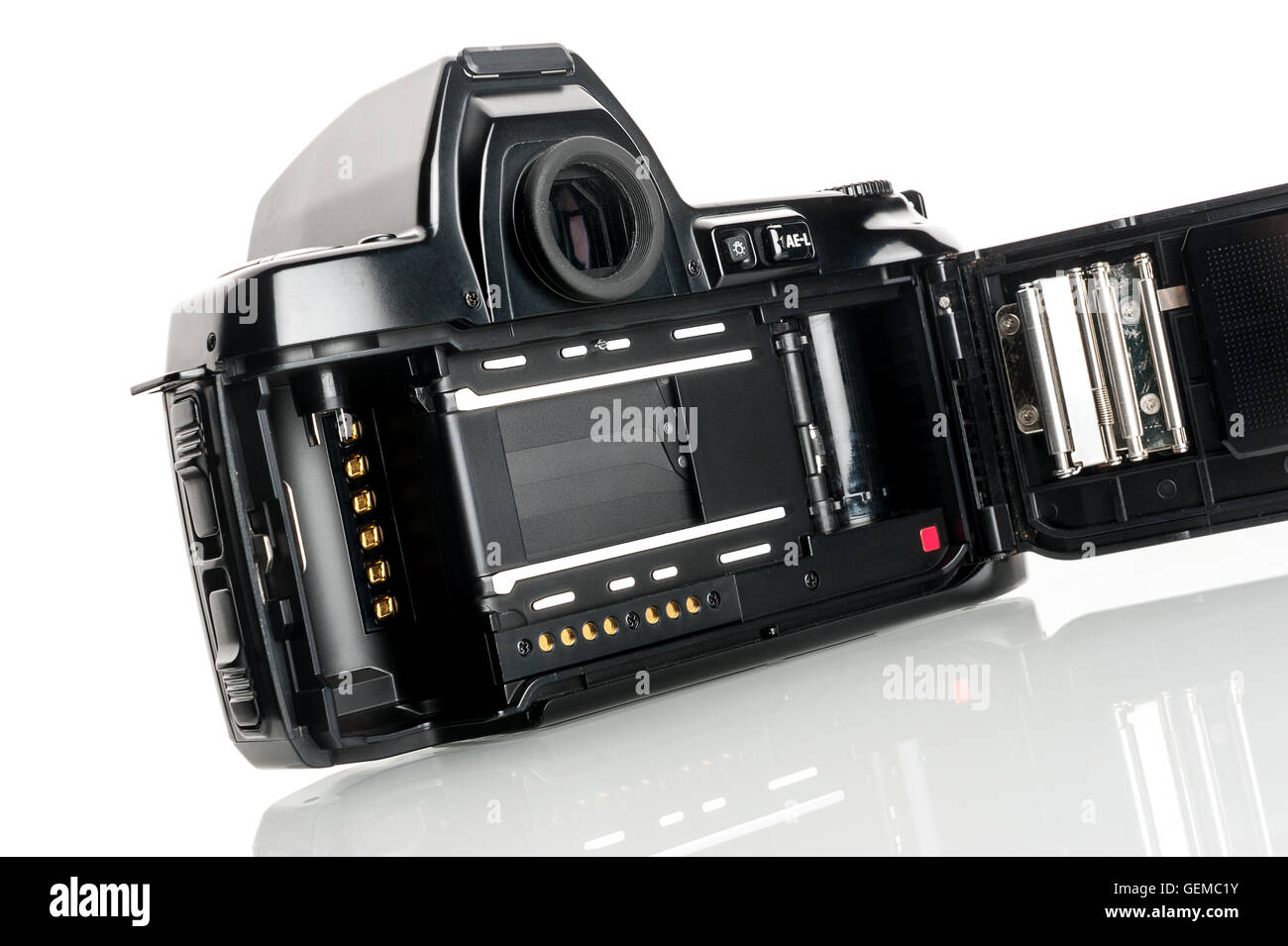 closeup film camera opened back lid on white background Stock Photo - Alamy
