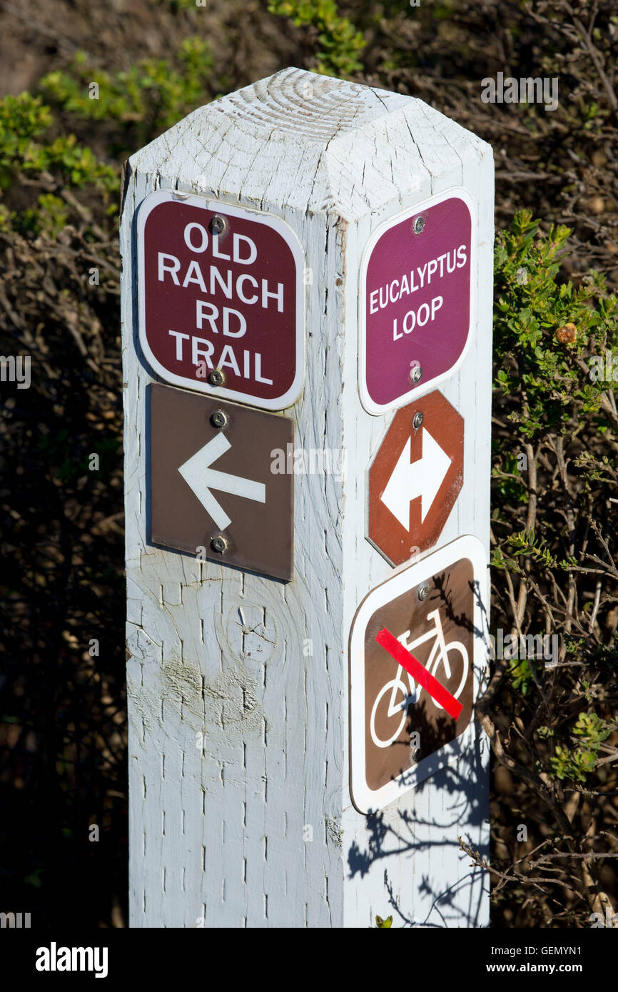 Trail junction sign, San Bruno Mountain State Park, California Stock ...