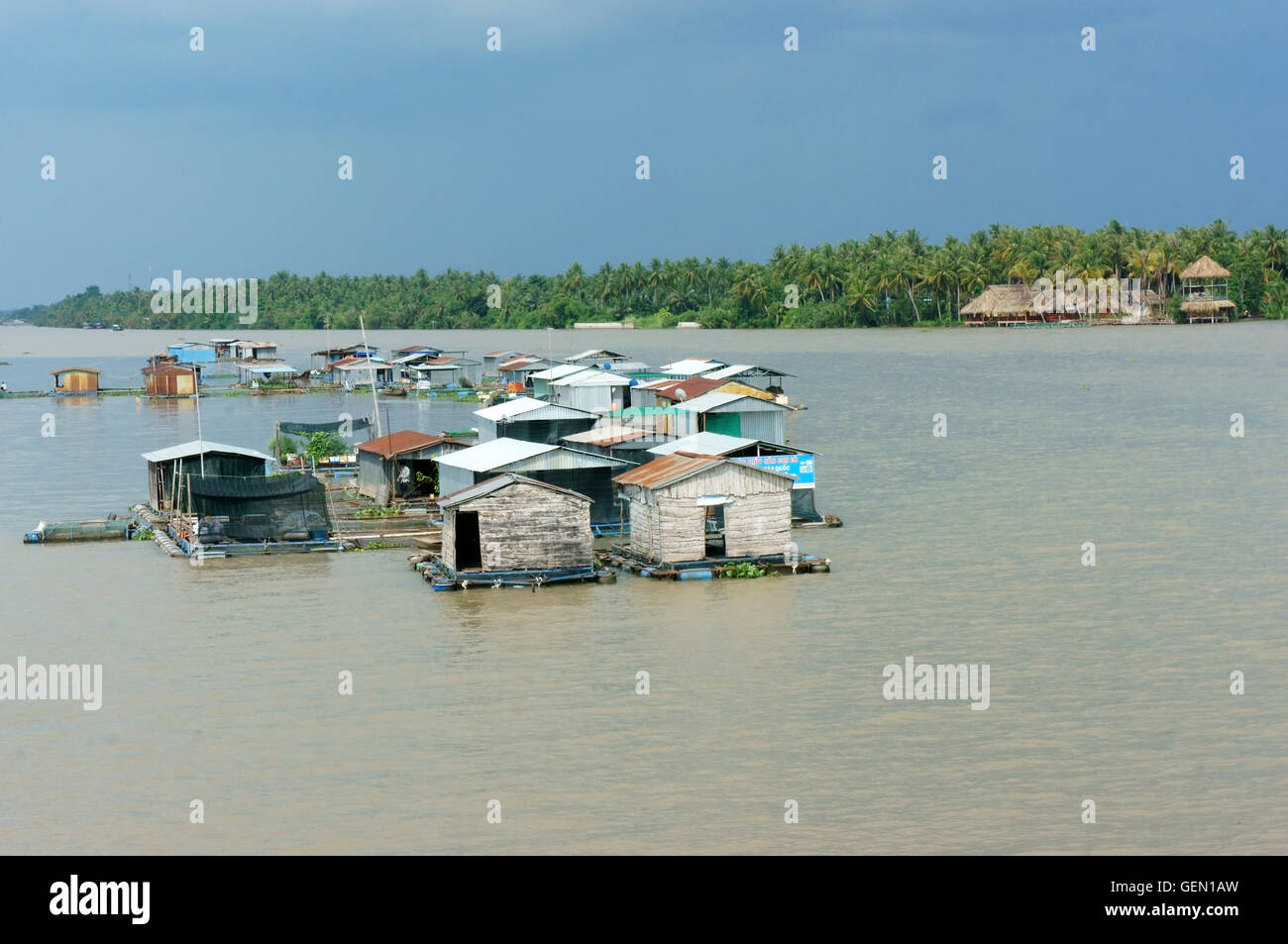 BEN TRE, VIET NAM- MAY 31: Floating residence on river, group of house ...