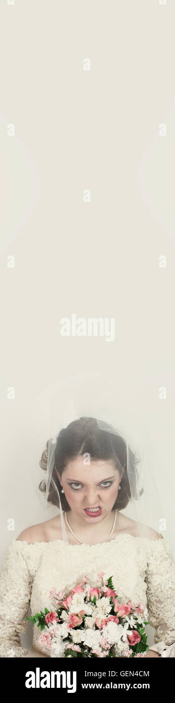 Upset bride with bouquet skyscraper banner Stock Photo - Alamy