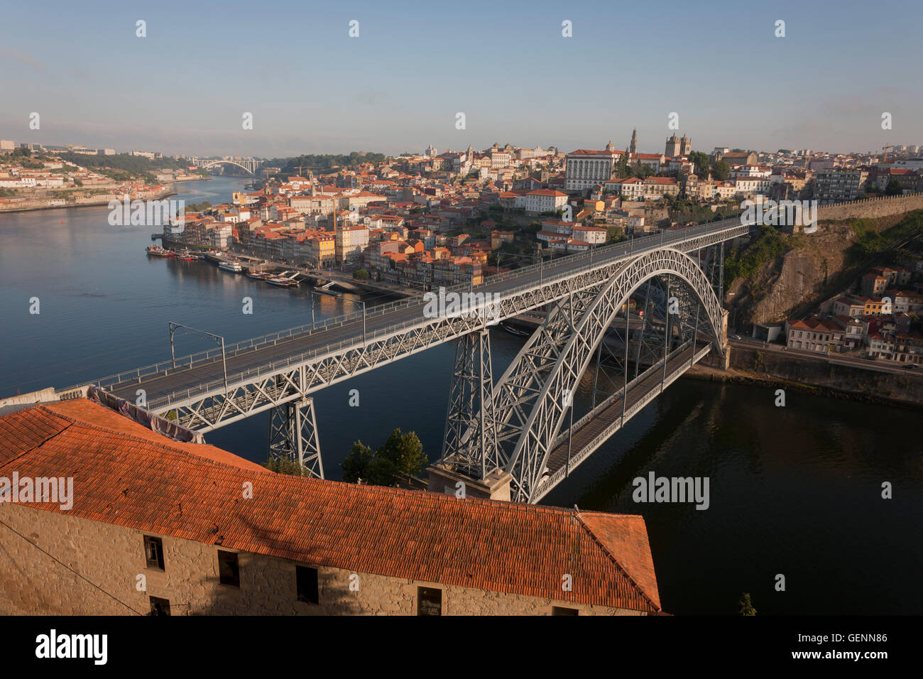 Aerial panorama of the city of Porto with the Ponte de Dom Luis I ...