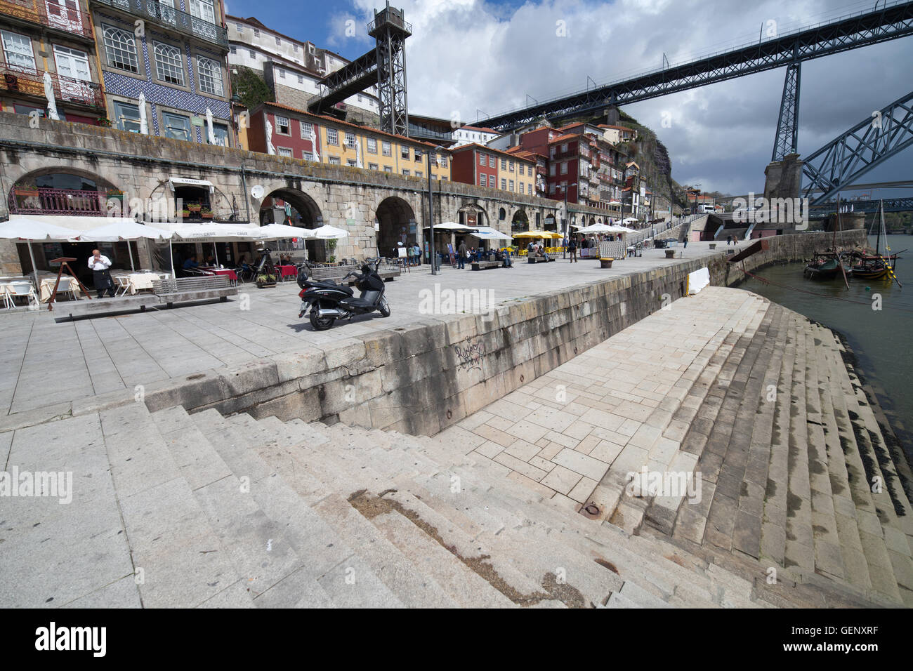 Portugal, Porto, Old Town, promenade along Cais da Ribeira with stairs ...
