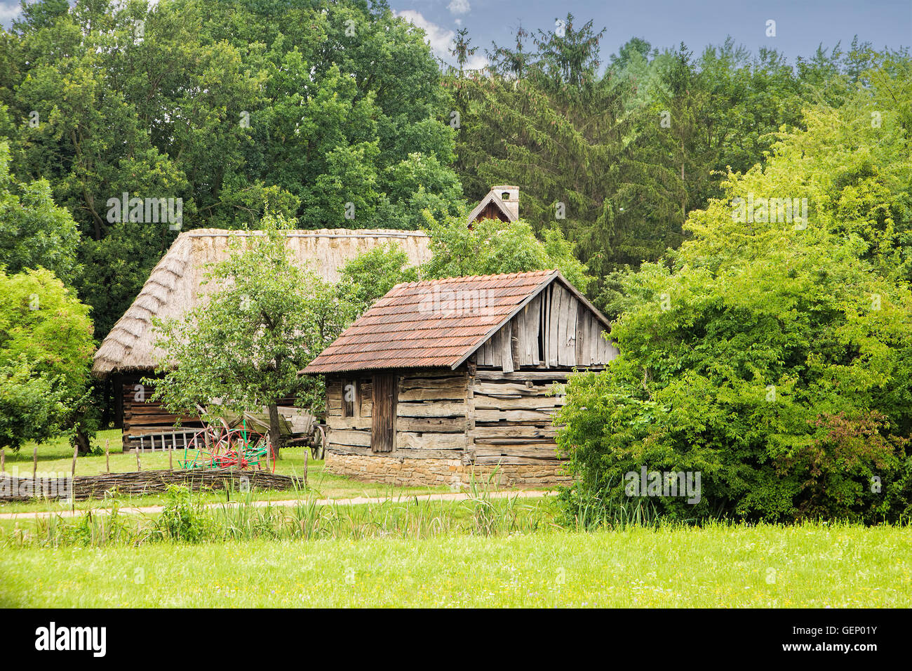 Rustic vintage peaceful country scene, old wooden houses with ...