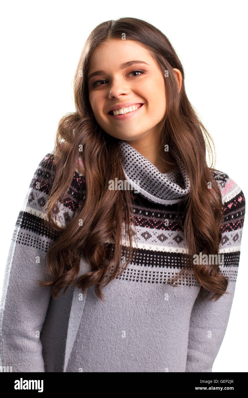 Smiling girl on white background Stock Photo - Alamy