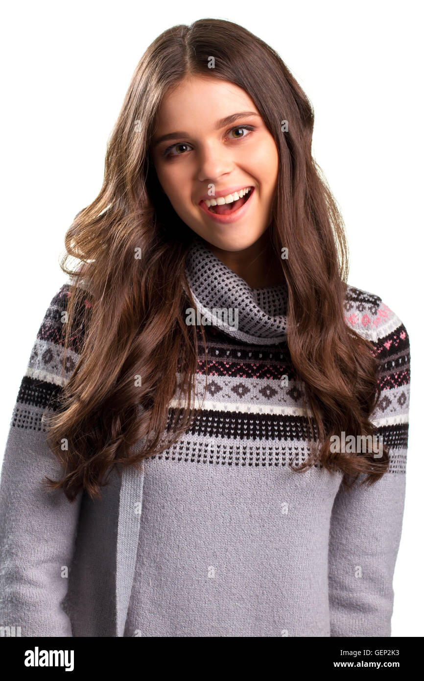Smiling woman on white background Stock Photo - Alamy