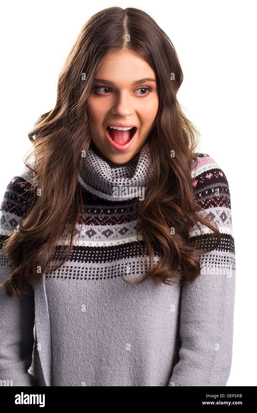 Excited woman on white background Stock Photo - Alamy