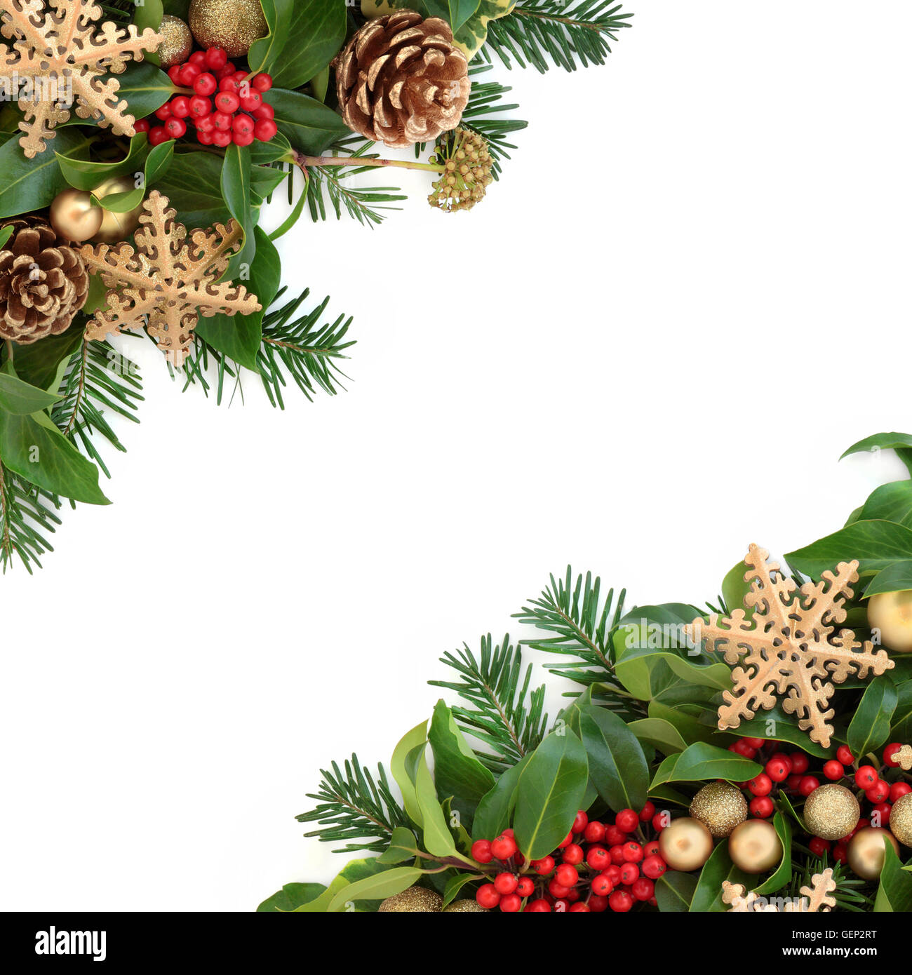 Christmas background border with gold snowflake and round bauble ...