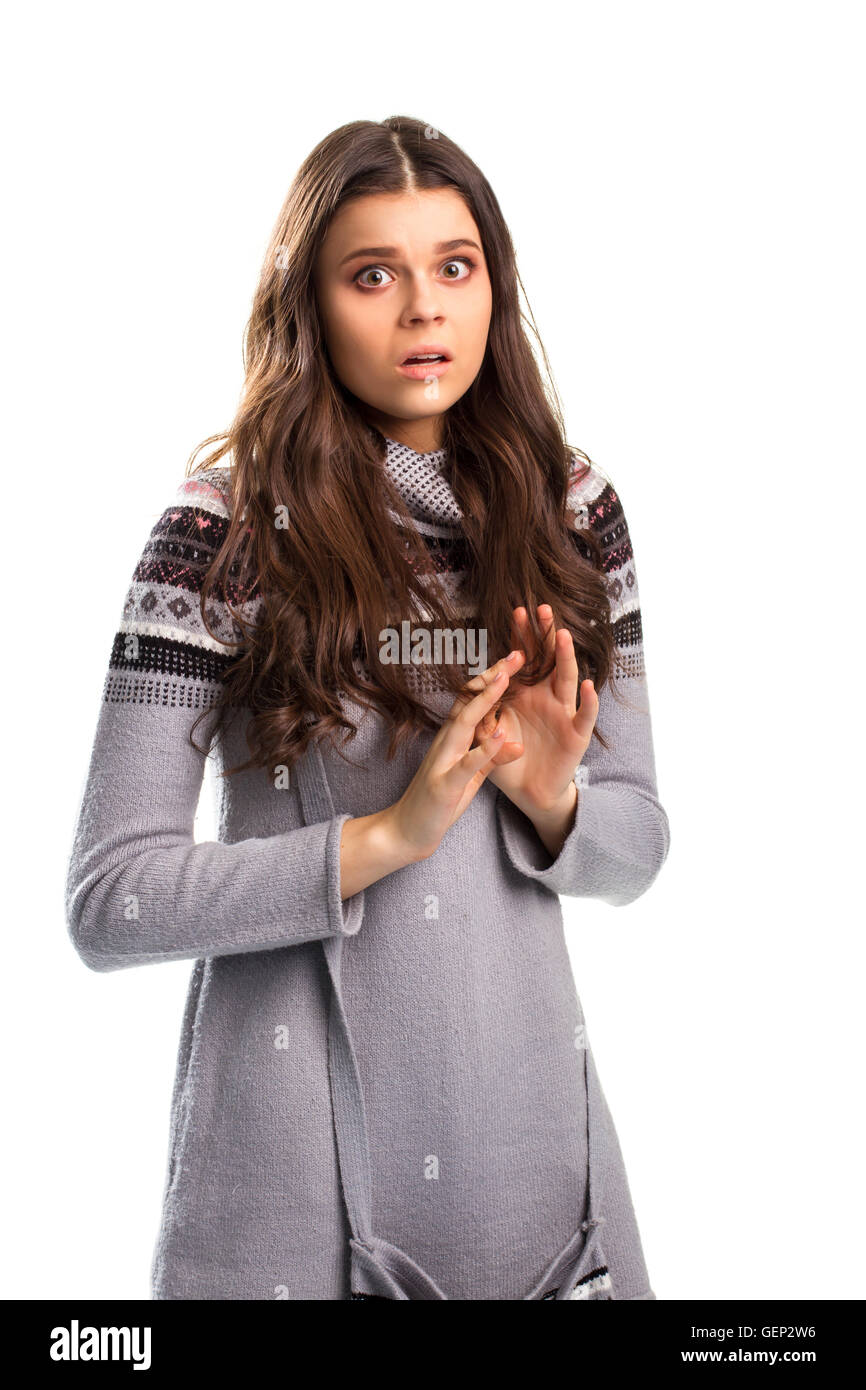 Terrified girl on white background Stock Photo - Alamy