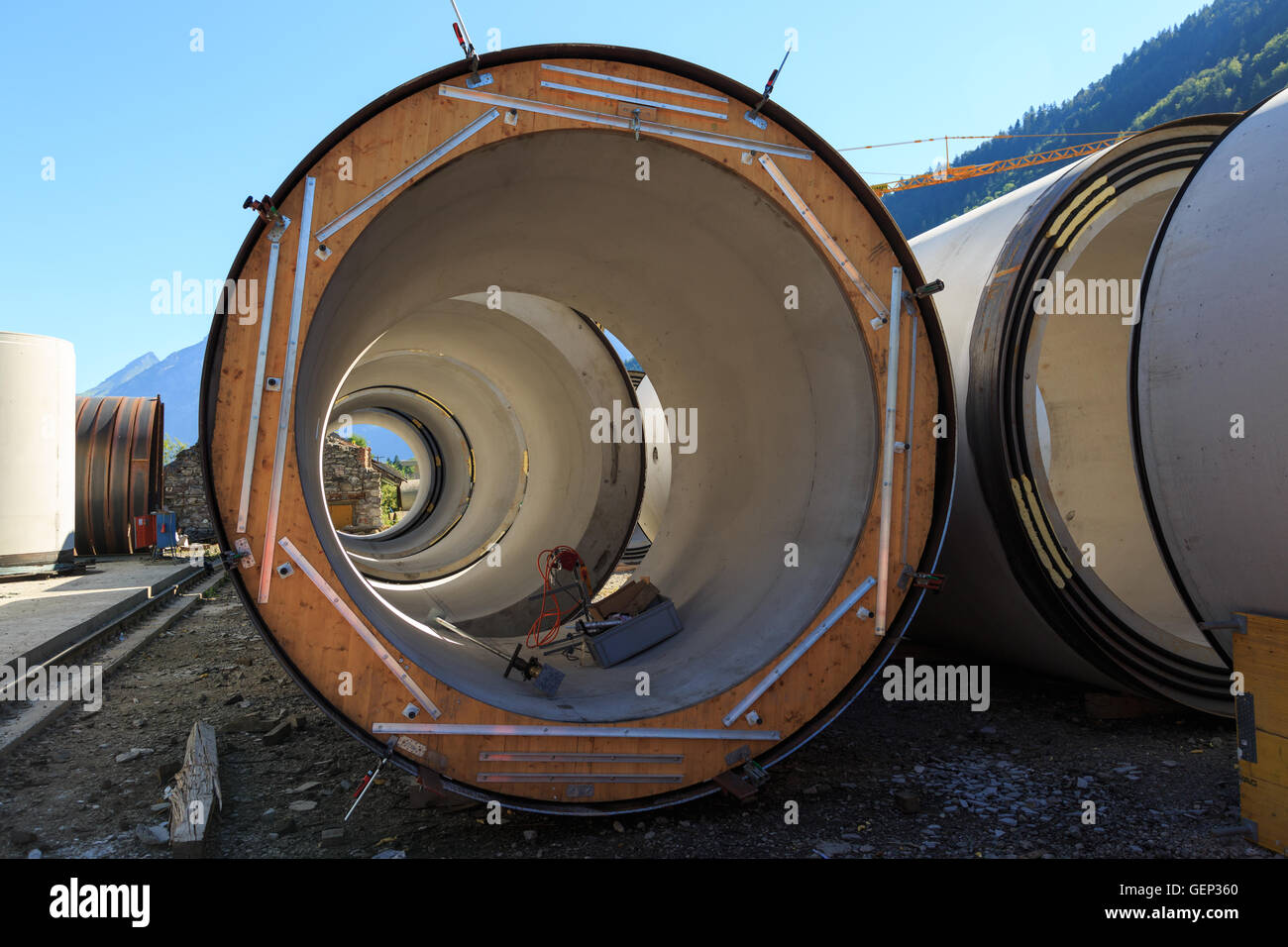 A photograph of some concrete pipes for micro-tunneling during ...