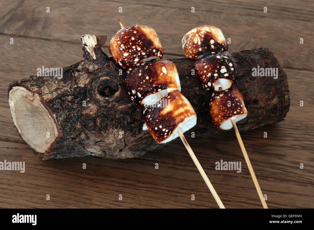 Toasted marshmallows on wooden sticks on an old log over oak wood ...