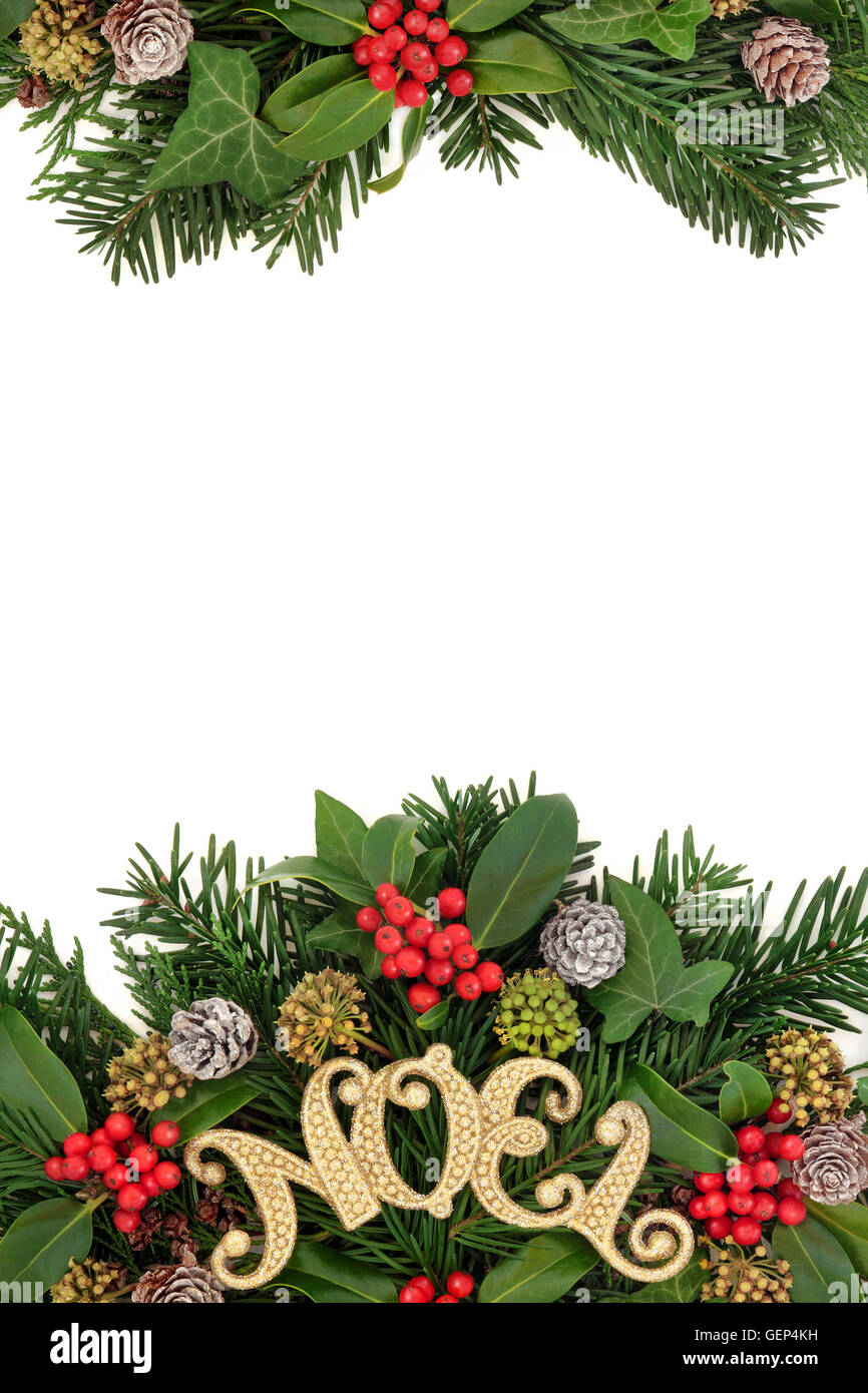 Christmas border with gold noel sign decoration with holly, snow ...