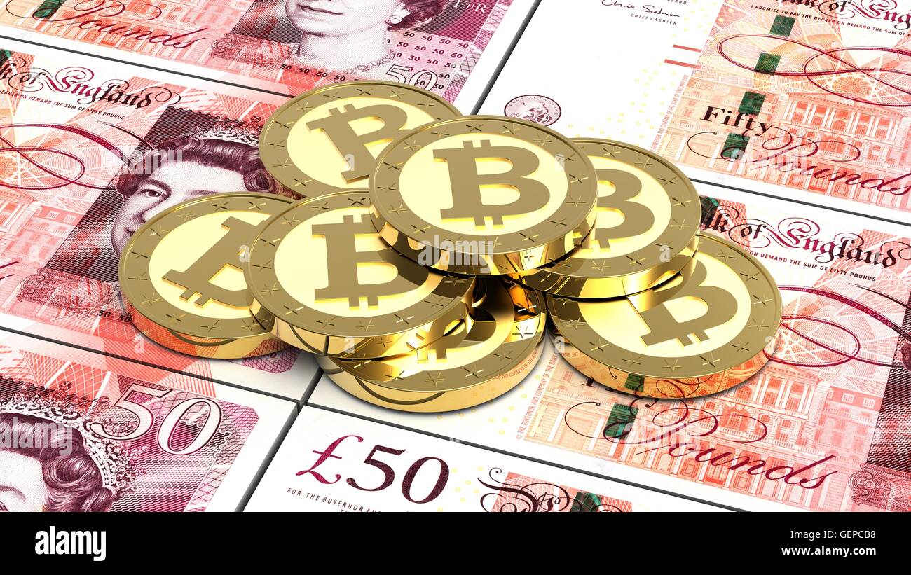 Stack of bitcoins with pound bills. 3D illustration Stock Photo - Alamy