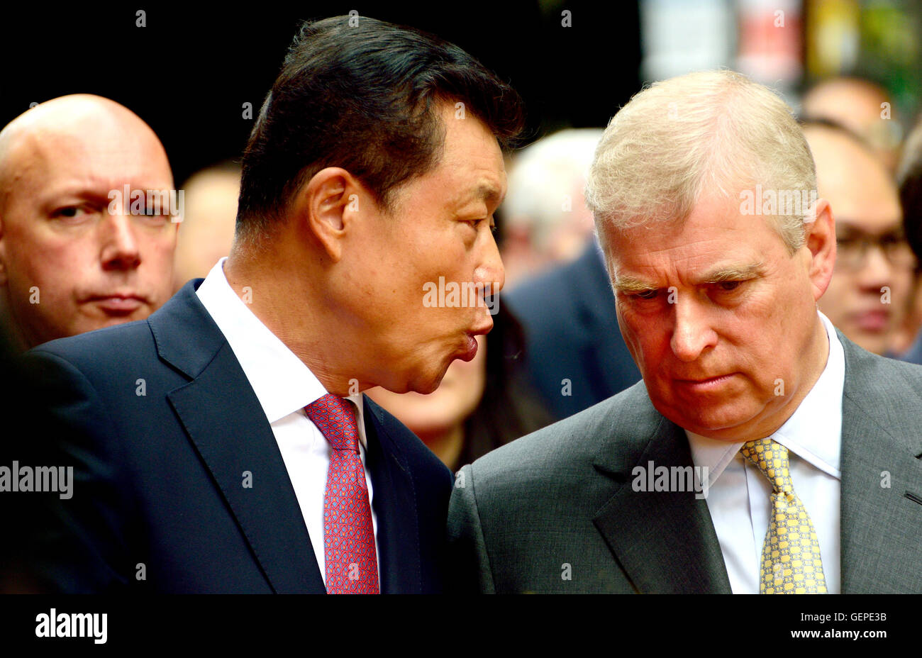 HRH Prince Andrew, Duke of York, speaking to the Chinese Ambassador Liu ...