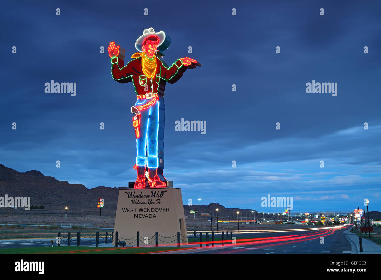 geography / travel, USA, Nevada, Wendover Will (1952), at night, cowboy ...