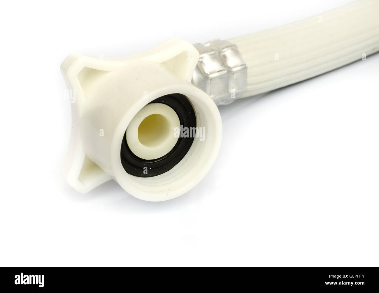 industrial elastic rubber water pipe with connectors on white ...