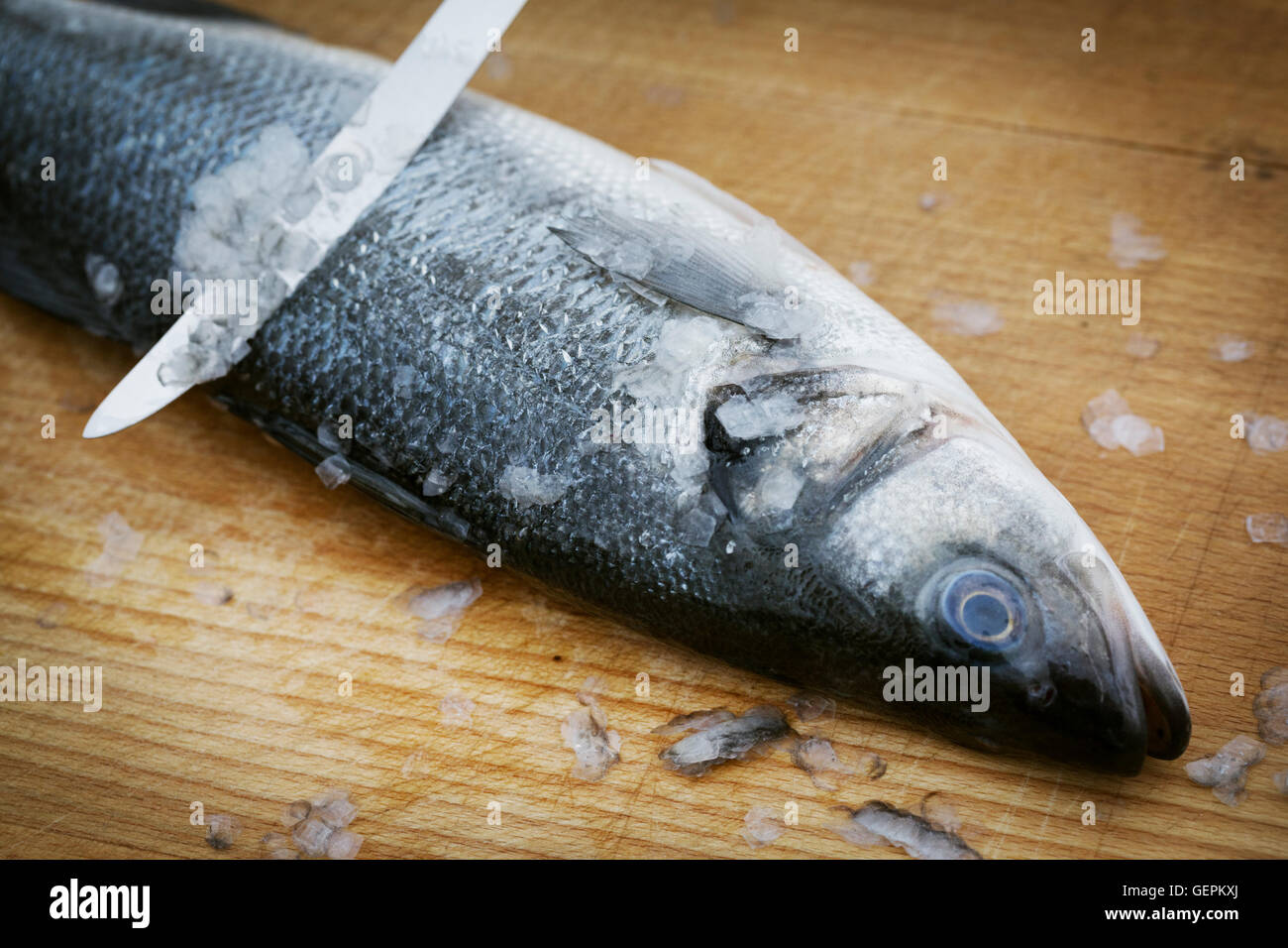 Close up of a chef scaling a fresh fish Stock Photo - Alamy