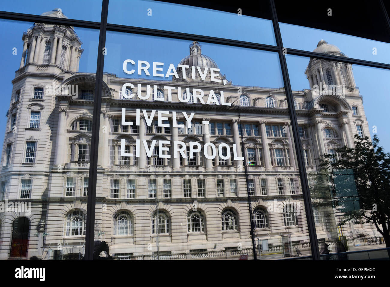 Port of Liverpool building reflected in the glass building on Mann ...