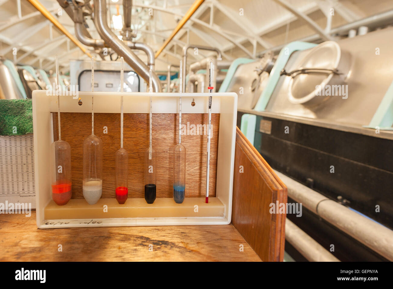 Beer ale brewery, view of a temperature testing kit used in the Greene ...