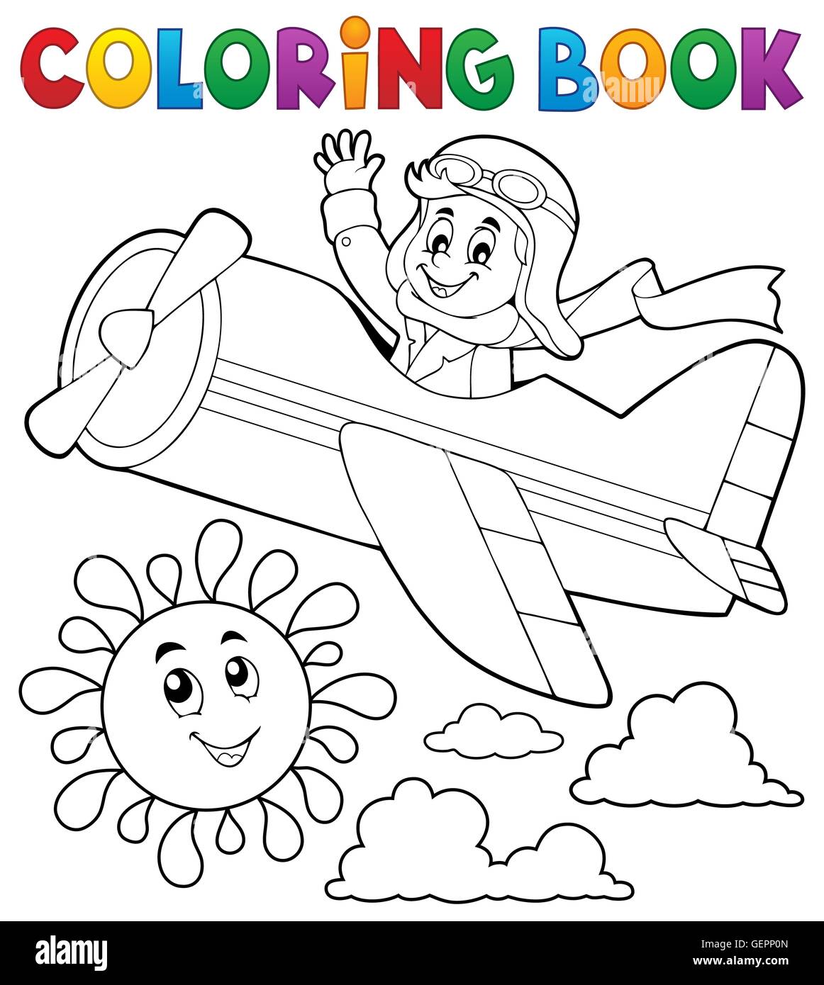 Coloring book pilot in retro airplane - picture illustration Stock ...