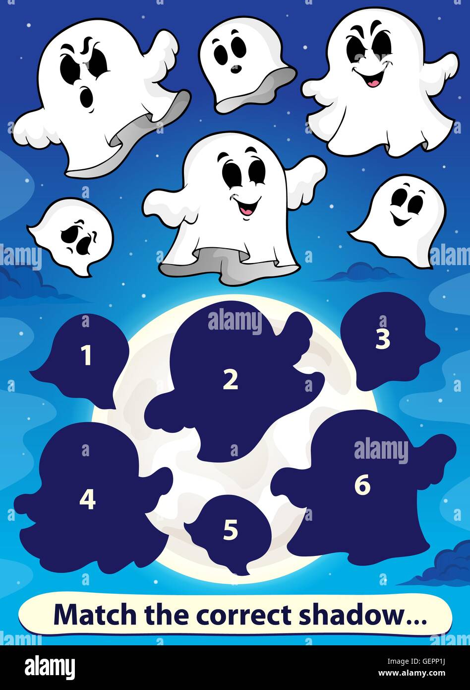 Shadow match game with ghosts 1 - picture illustration Stock Photo - Alamy