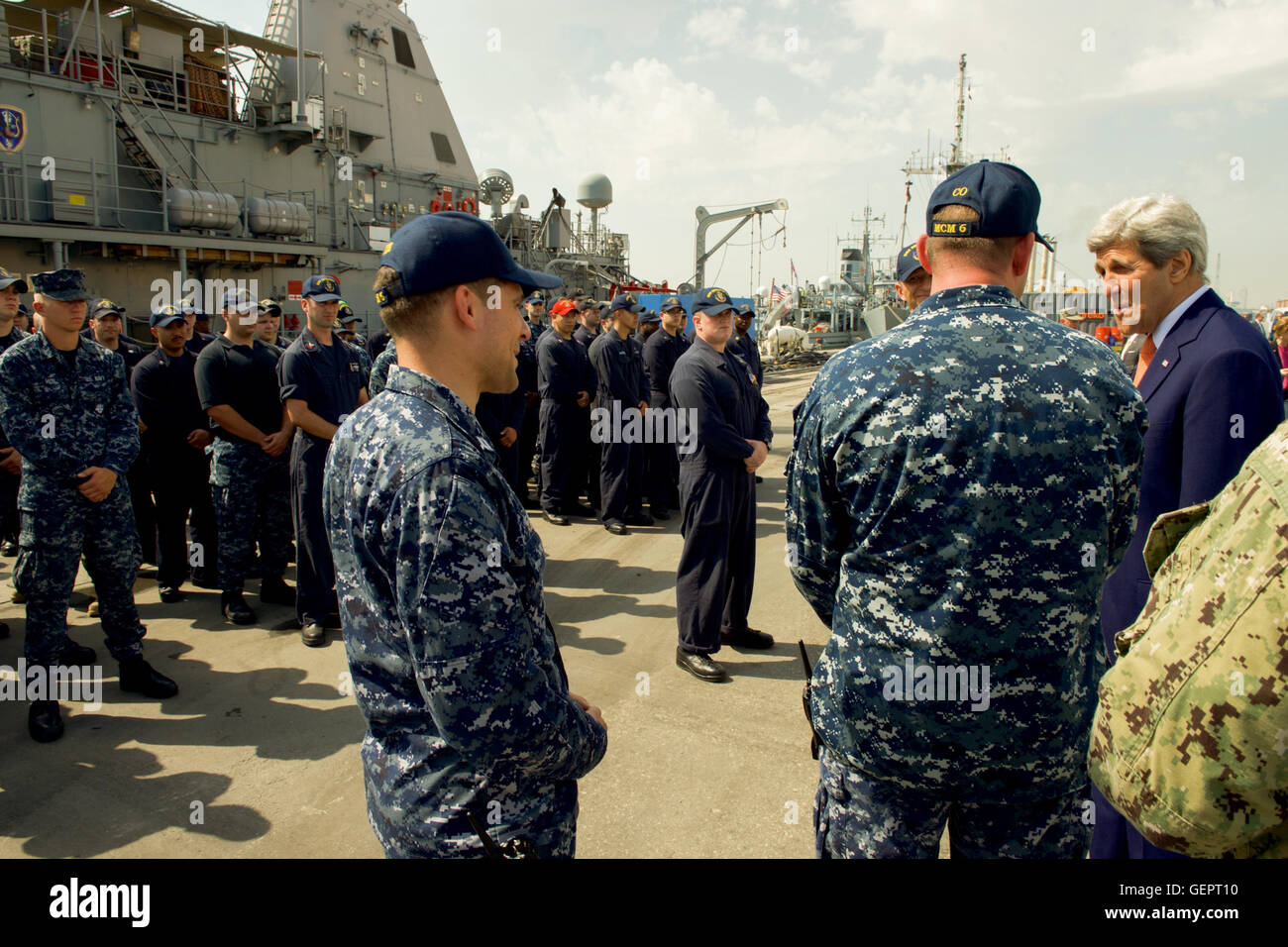 Secretary Kerry Addresses the Crew of the USS Devastator Stock Photo ...