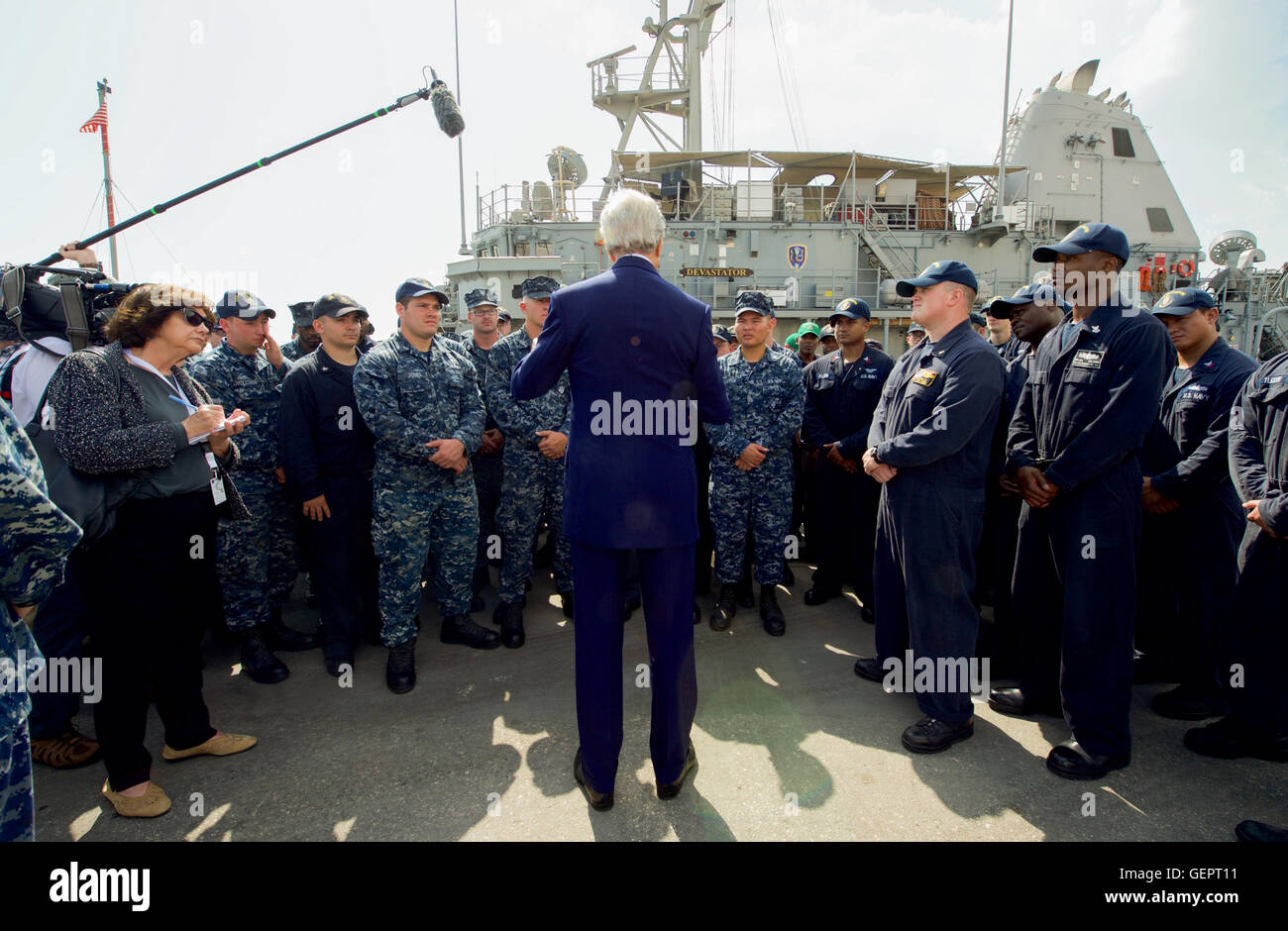 Secretary Kerry Addresses the Crew of the USS Devastator Stock Photo ...