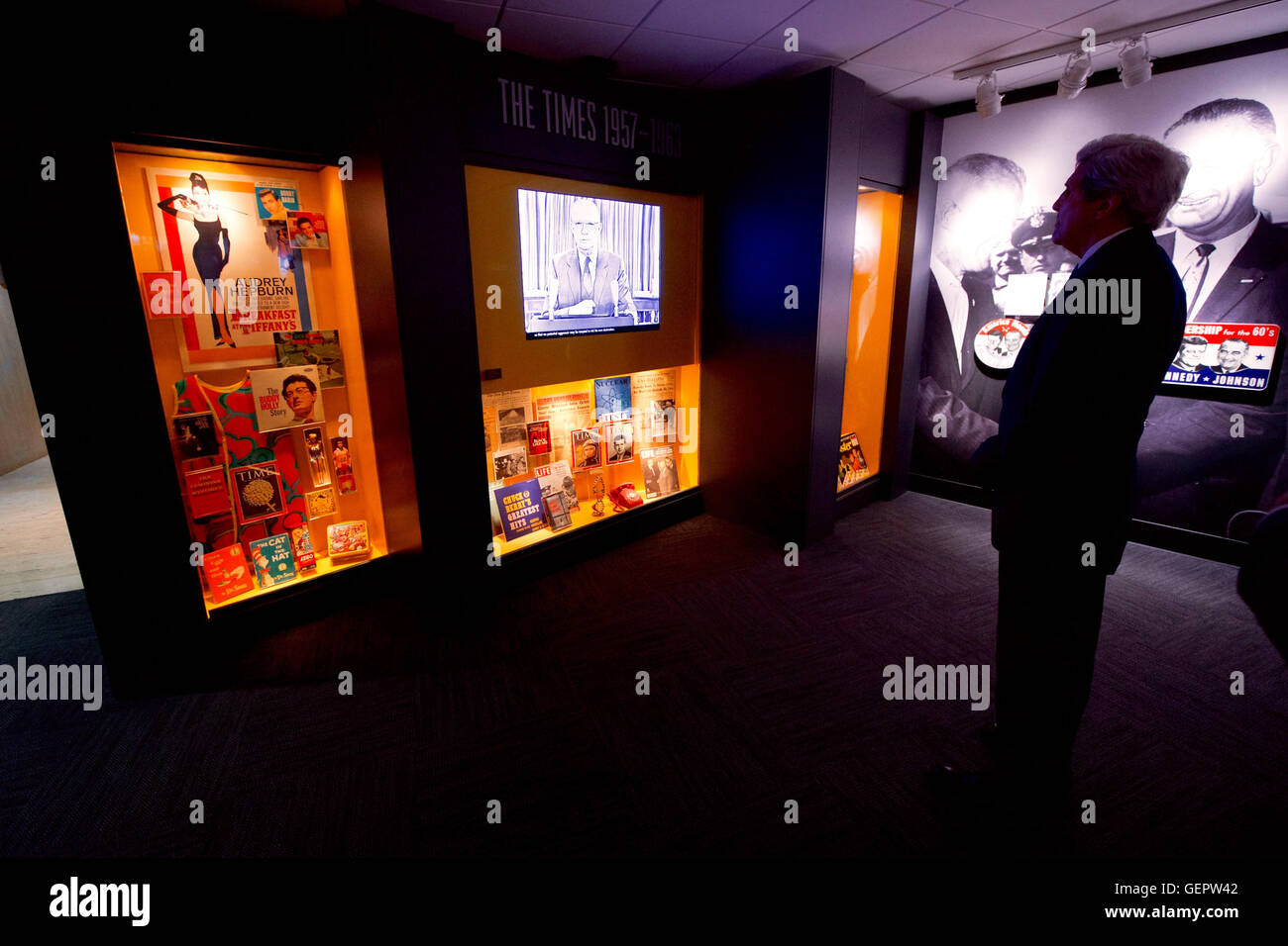 Secretary Kerry Looks at a Scene-Setter Video While Touring the LBJ ...