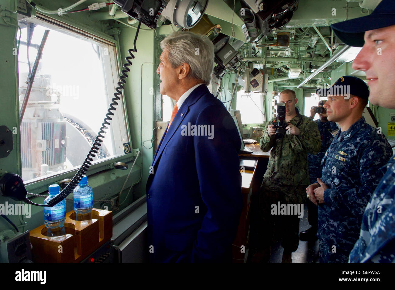 Secretary Kerry Looks Out Over the Bow While Aboard the USS Devastator ...