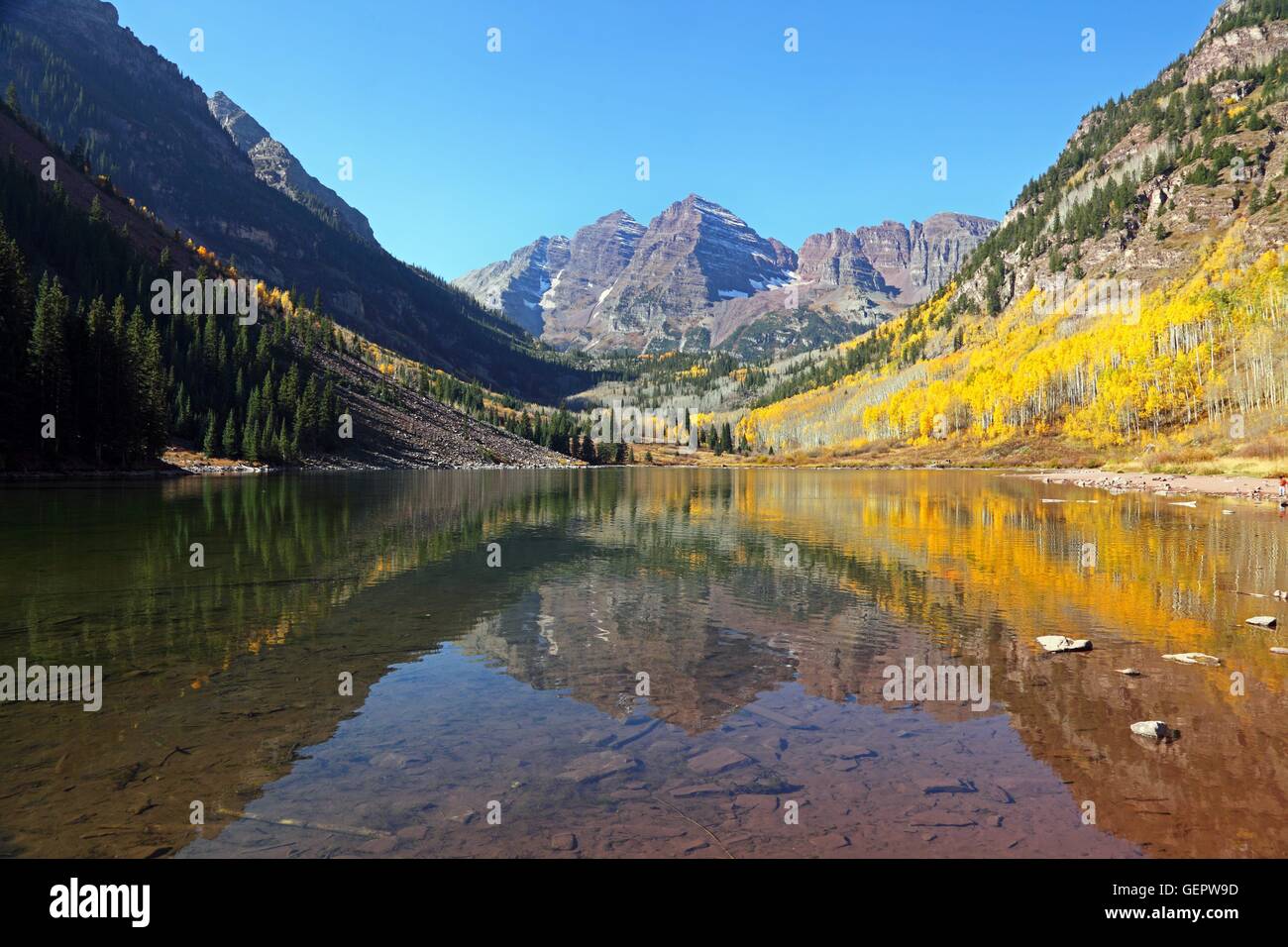 geography / travel, USA, Colorado, Maroon Bells and Lake, reflection ...
