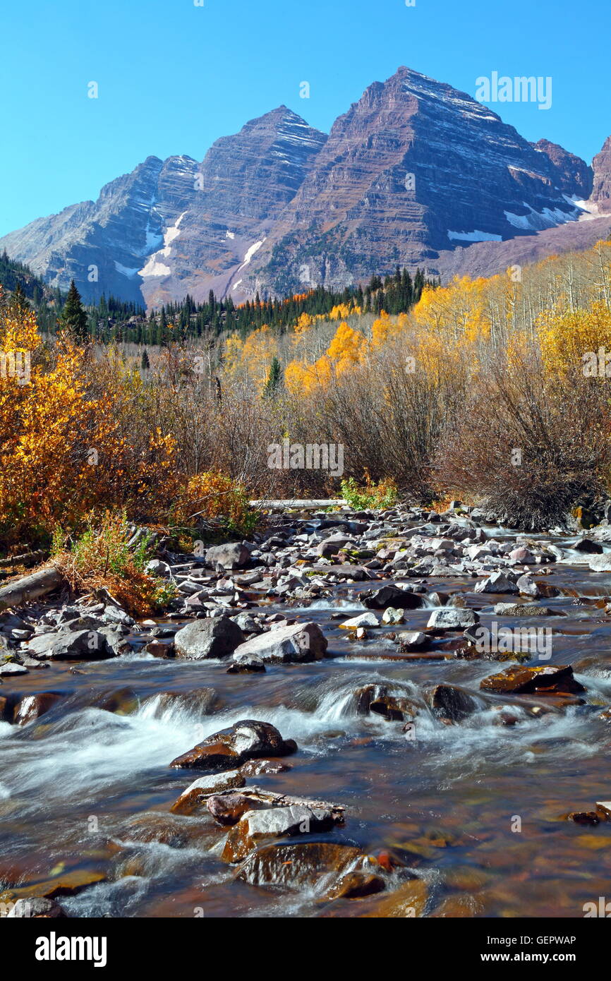 geography / travel, USA, Colorado, Maroon Bells and Aspen (yellow ...