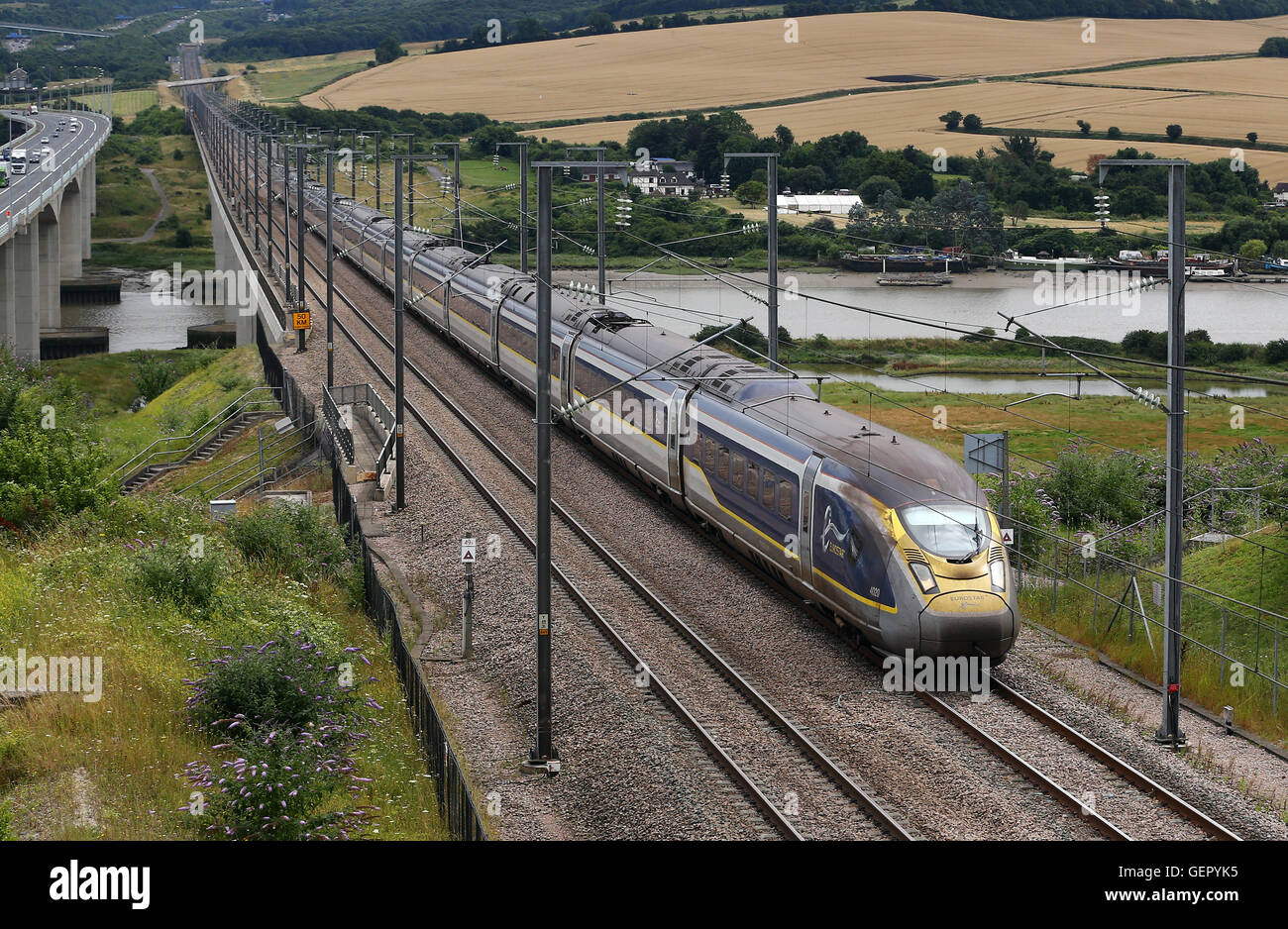 A Eurostar e320 train numbered 4020 crossed the Medway railway bridge ...