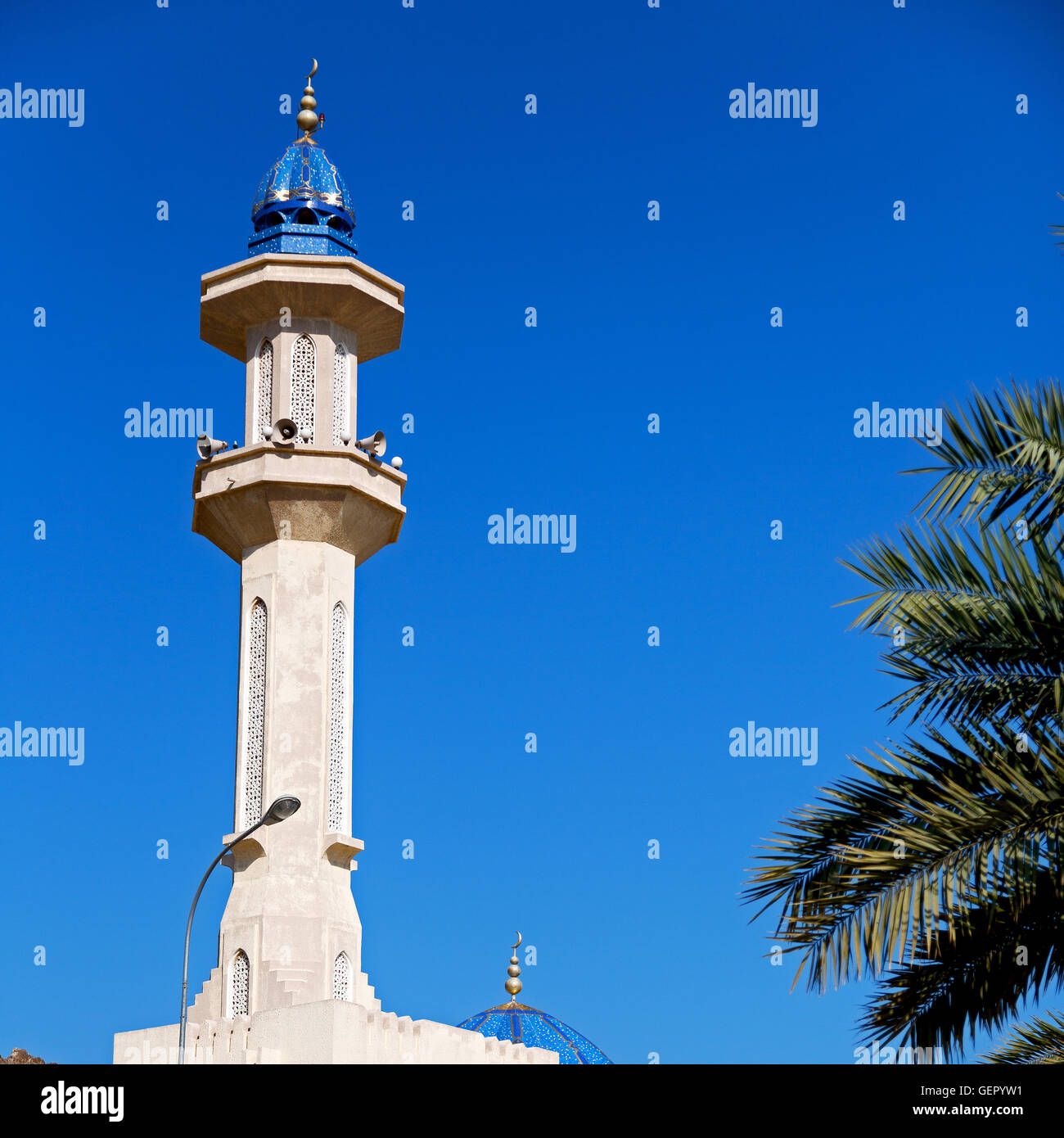 minaret and religion in clear sky in oman muscat the old mosque Stock ...