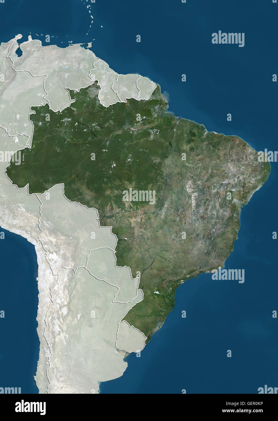 Satellite view of Brazil (with country boundaries and mask). This image ...