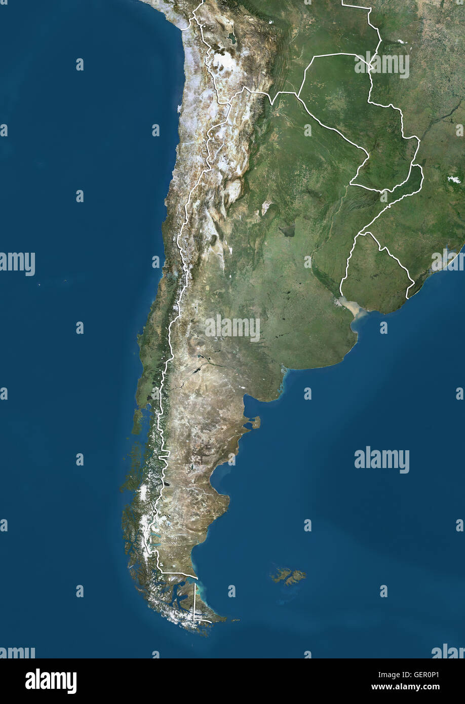 Satellite view of Southern South America (with country boundaries). The ...