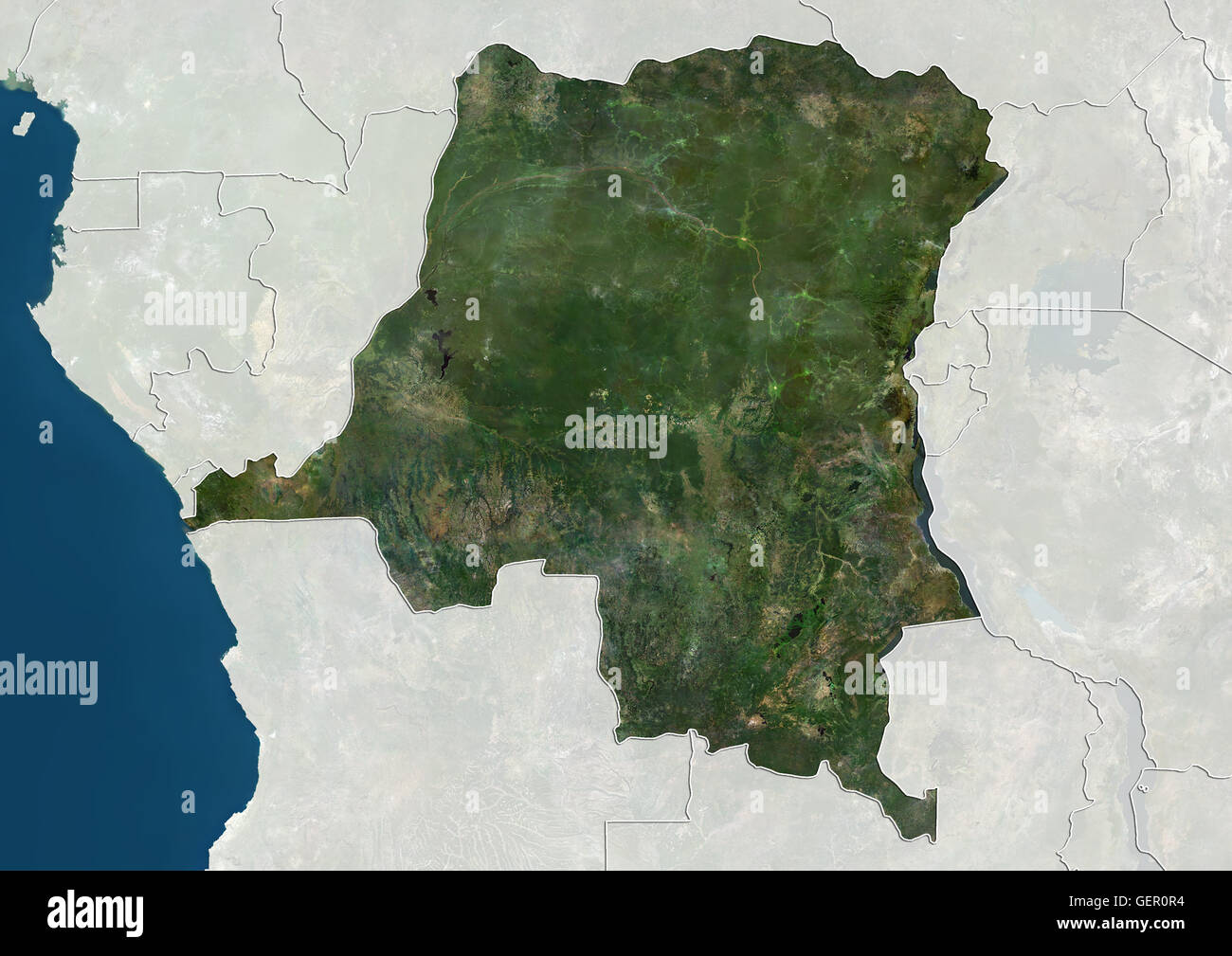 Satellite view of the Democratic Republic of Congo (with country ...