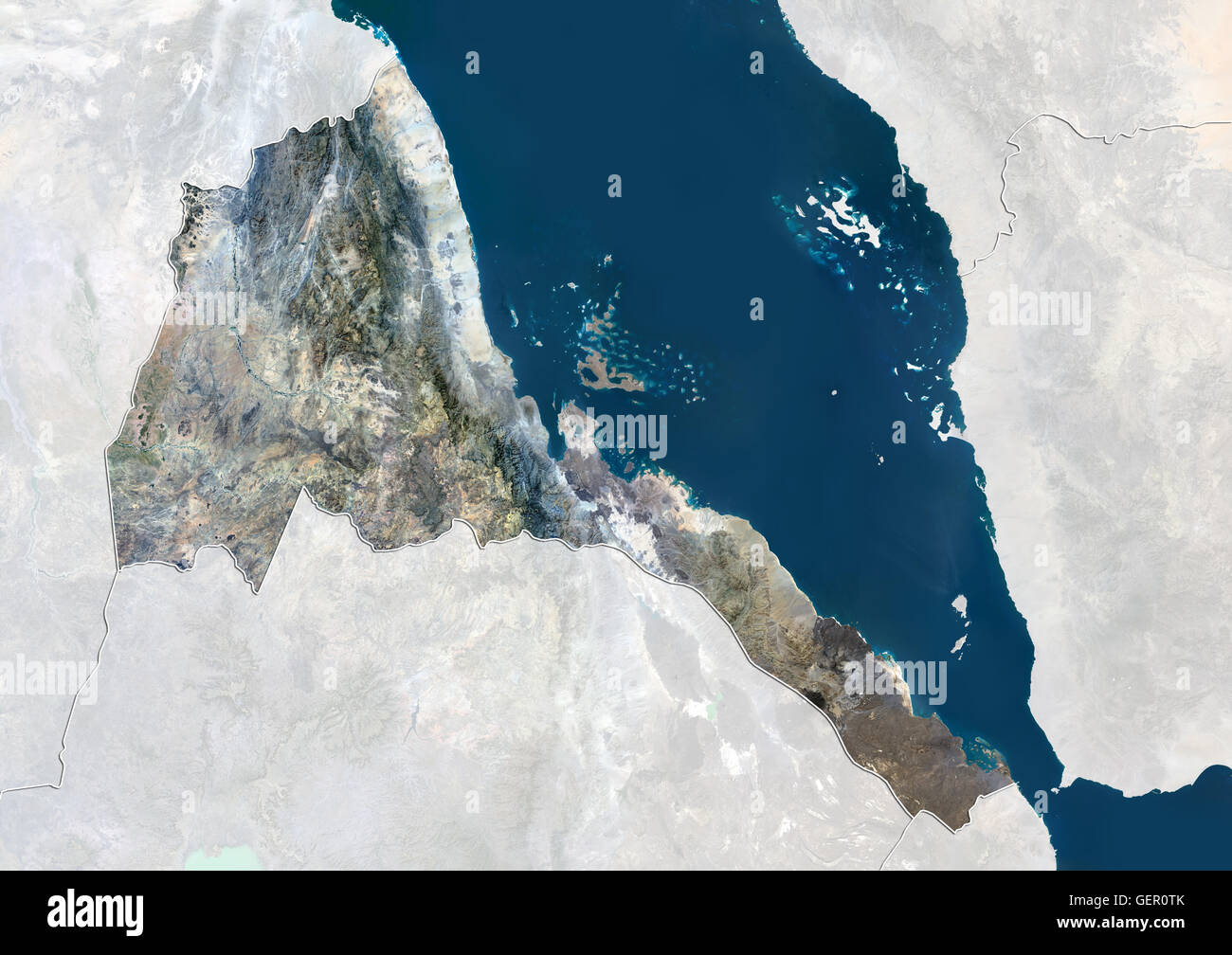 Satellite view of Eritrea (with country boundaries and mask). This ...