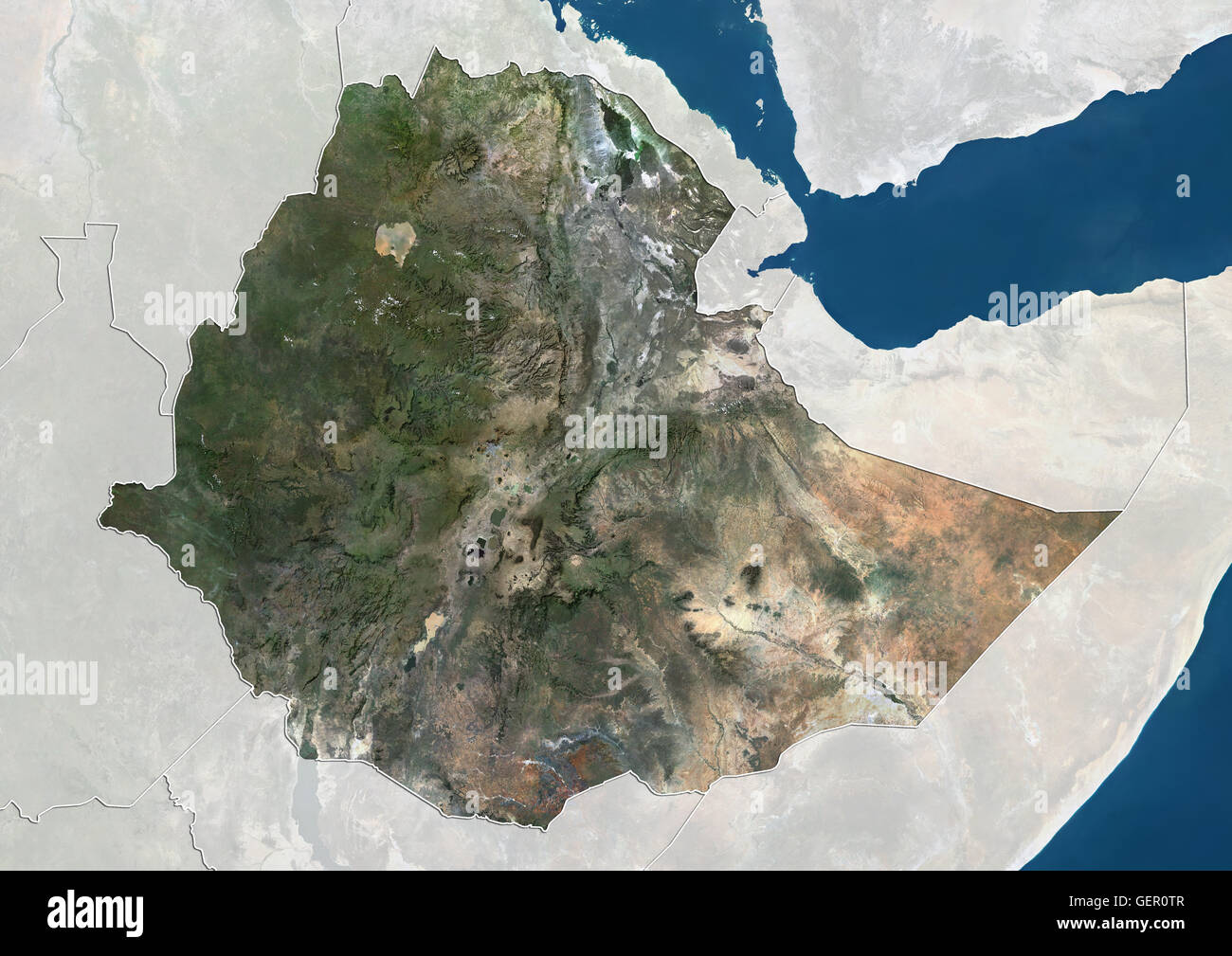 Satellite view of Ethiopia (with country boundaries and mask). This ...