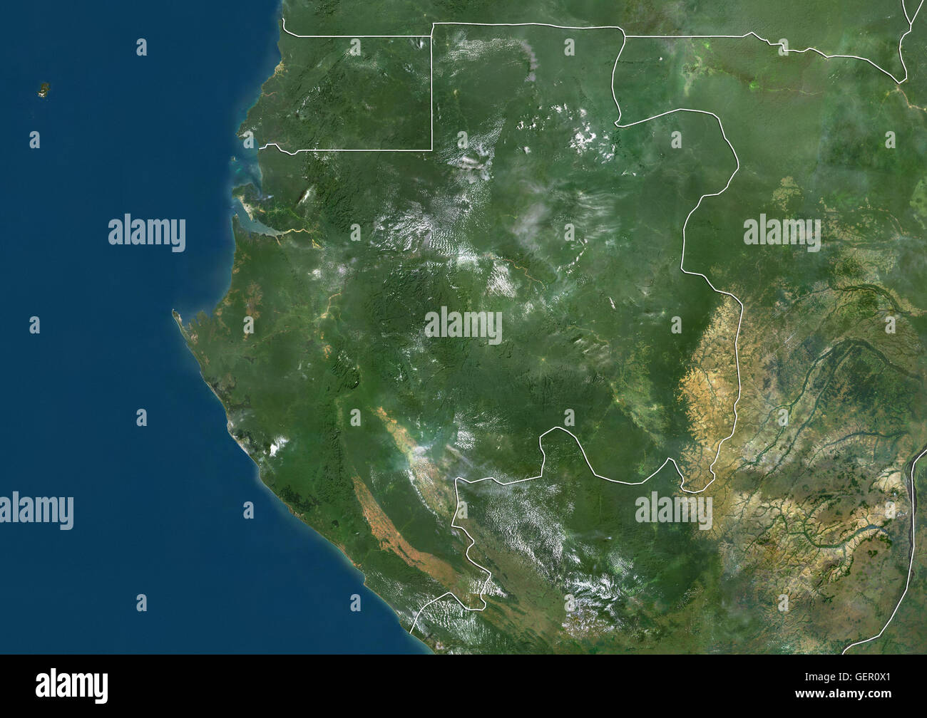 Satellite view of Gabon and Equatorial Guinea (with country boundaries ...