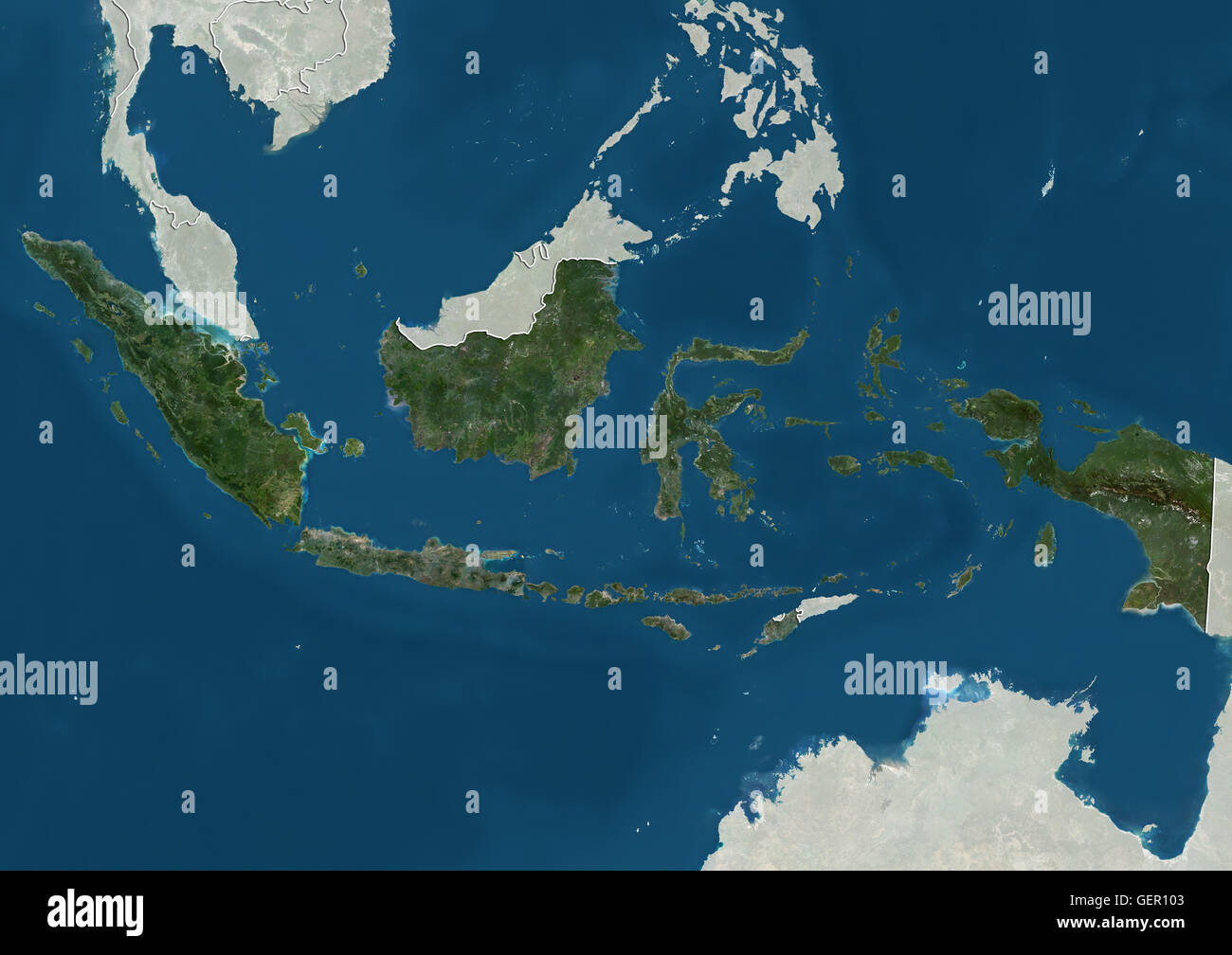 Satellite view of Indonesia (with country boundaries and mask). This ...