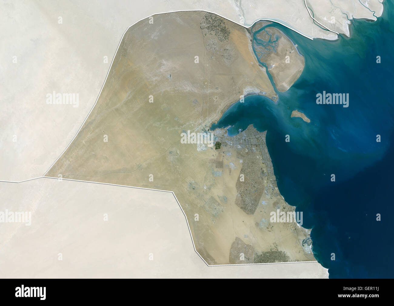 Satellite view of Kuwait (with country boundaries and mask). This image ...