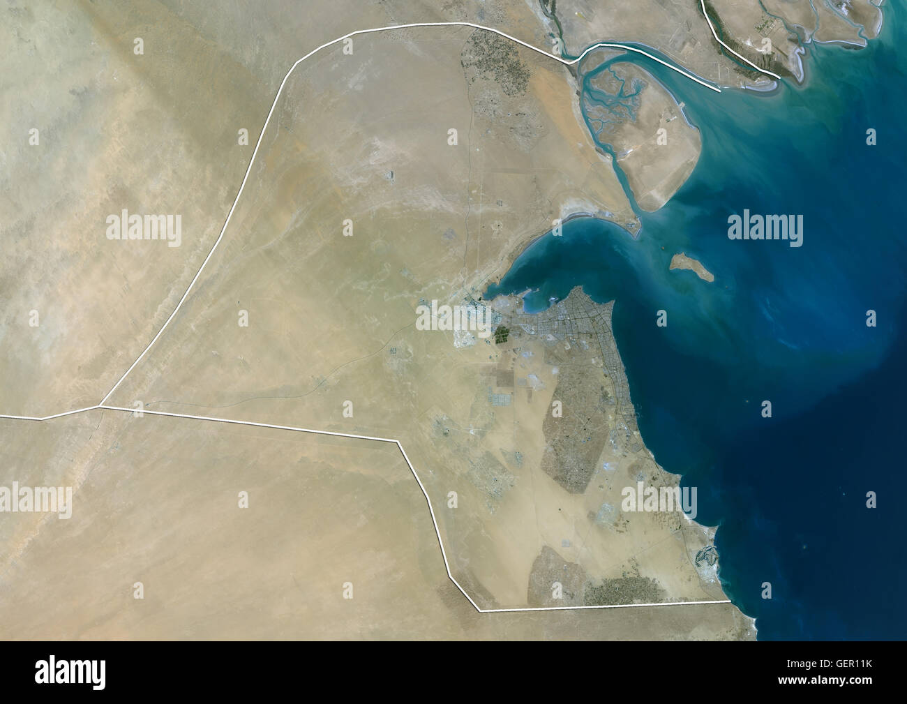 Satellite view of Kuwait (with country boundaries). This image was ...