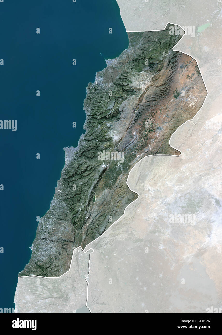 Satellite view of Lebanon (with country boundaries and mask). This ...