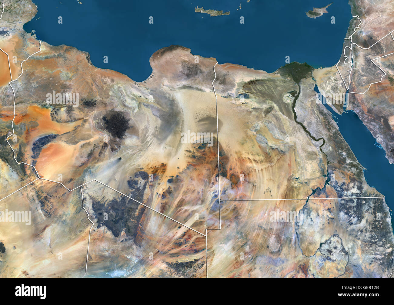 Satellite view of Libya and Egypt (with country boundaries). This image ...
