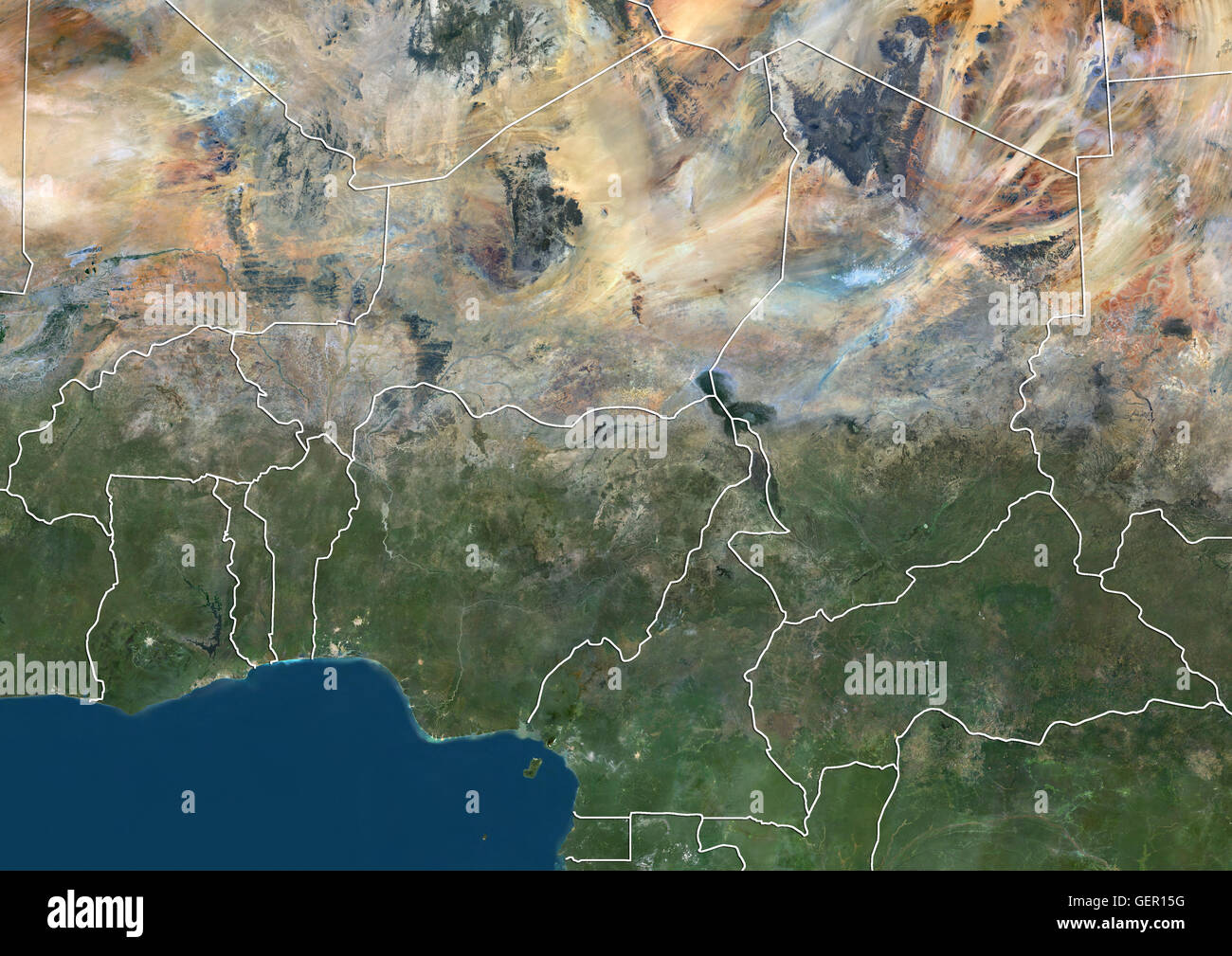 Satellite view of Niger, Nigeria, Chad and Cameroon (with country ...