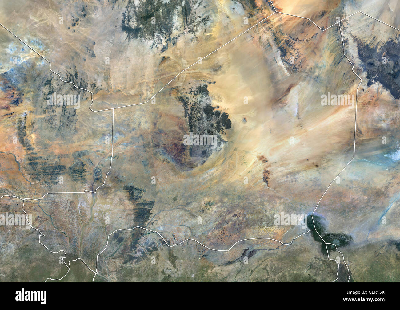 Satellite view of Niger (with country boundaries). This image was ...